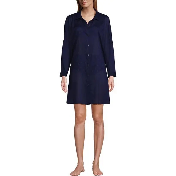 LANDS' END Sheer Oversized Button Front Swim Cover-up Shirt - Deep Sea Navy