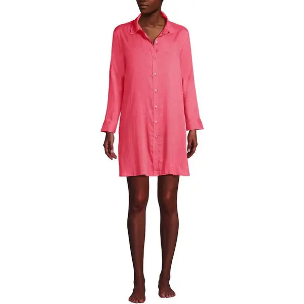 LANDS' END Sheer Oversized Button Front Swim Cover-up Shirt - Wood Lily
