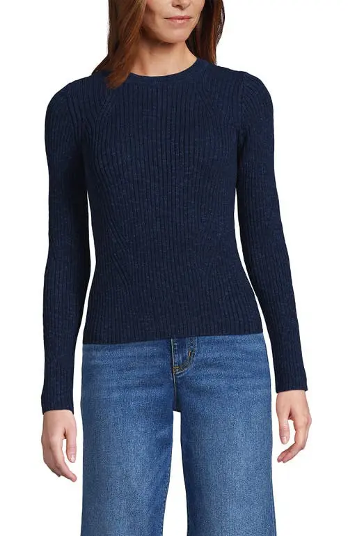 LANDS' END Cotton Blend Marl Ribbed Crew Neck Sweater - Deep Sea Navy