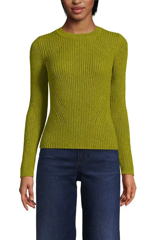 LANDS' END Cotton Blend Marl Ribbed Crew Neck Sweater - Vintage Lime Green