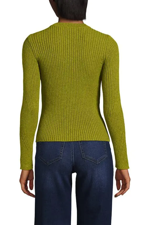 LANDS' END Cotton Blend Marl Ribbed Crew Neck Sweater - Vintage Lime Green