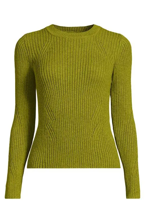 LANDS' END Cotton Blend Marl Ribbed Crew Neck Sweater - Vintage Lime Green