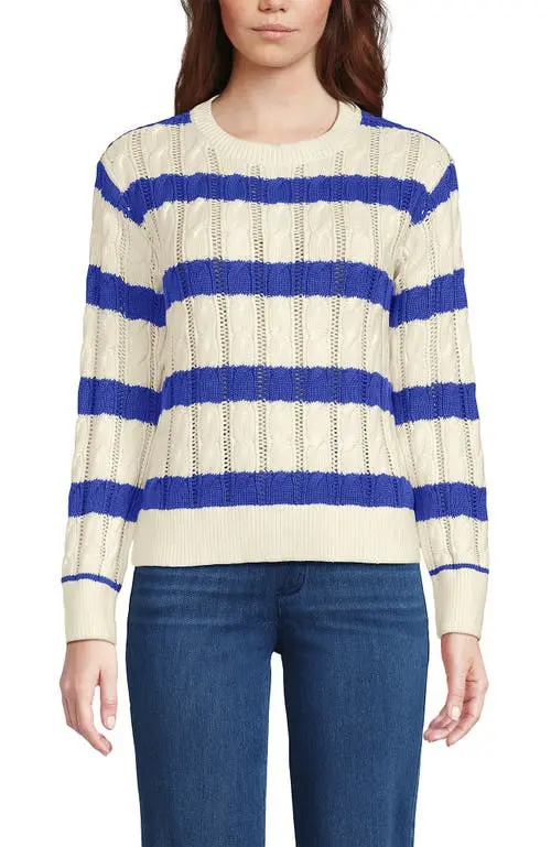 LANDS' END Drifter Cable Pointelle Stitch Sweater - Ivory/blue Breeze Stripe