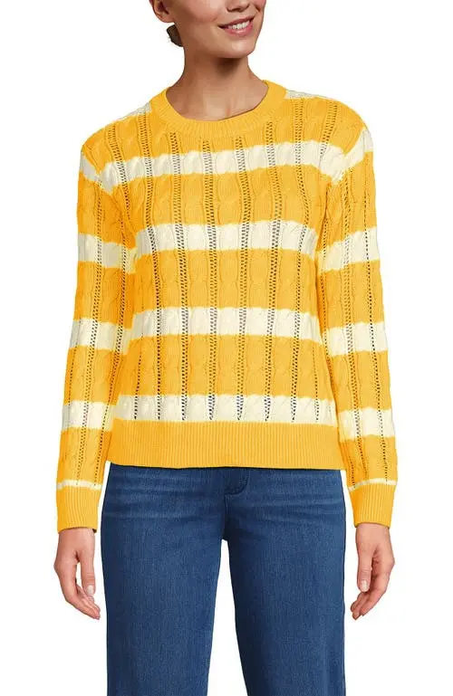 LANDS' END Drifter Cable Pointelle Stitch Sweater - Ivory/sunkissed Yellow Stripe