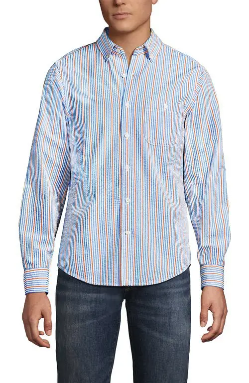 LANDS' END Long Sleeve Seersucker Shirt - Crisp Blue/tart Orange Stripe