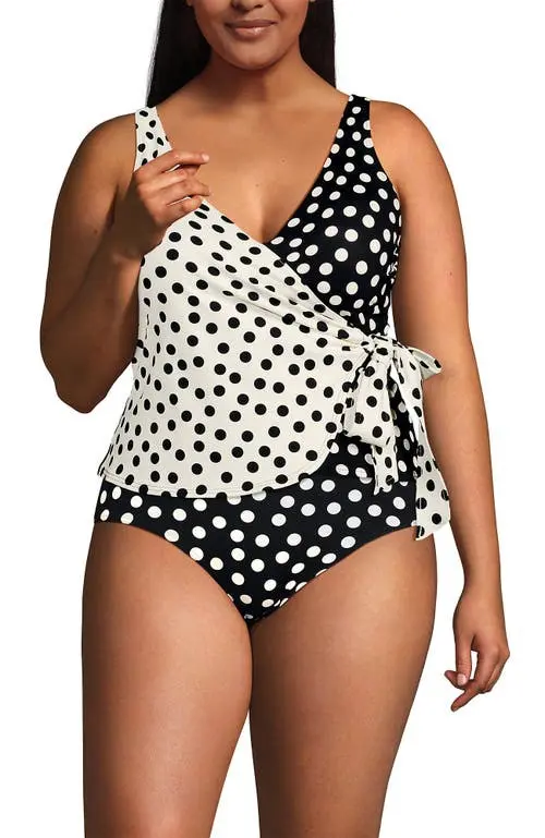 LANDS' END Chlorine Resistant Side Tie V-neck Tankini Top - Black/egret Mixed Tossed Dots