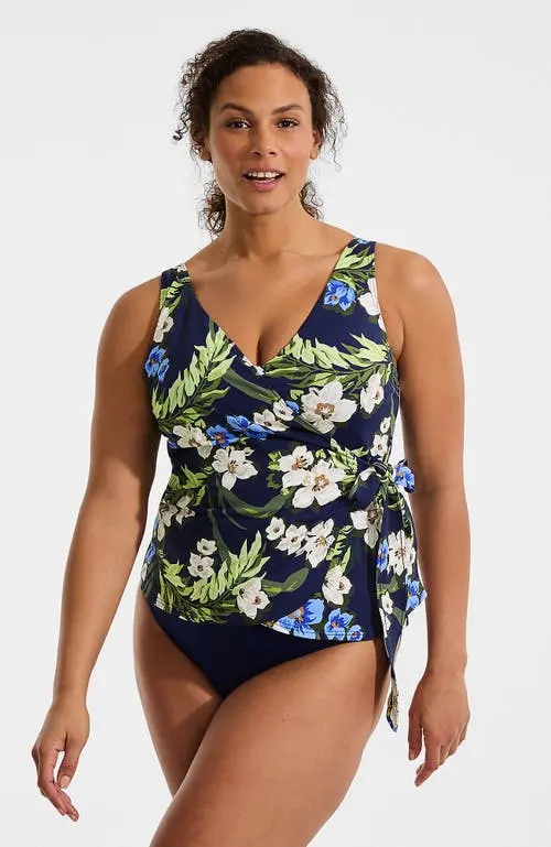 LANDS' END Chlorine Resistant V-neck Tankini Swimsuit Top - Deep Sea/blue Floral Tropic