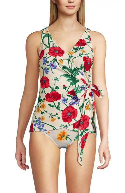 LANDS' END Chlorine Resistant Side Tie V-neck Tankini Top - Egret/poppy Floral