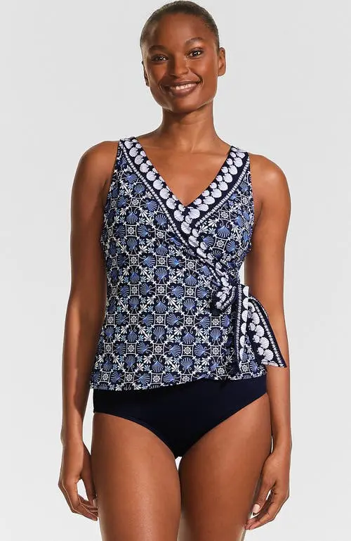 LANDS' END Chlorine Resistant Side Tie V-neck Tankini Top - Seashell Geo/navy Border