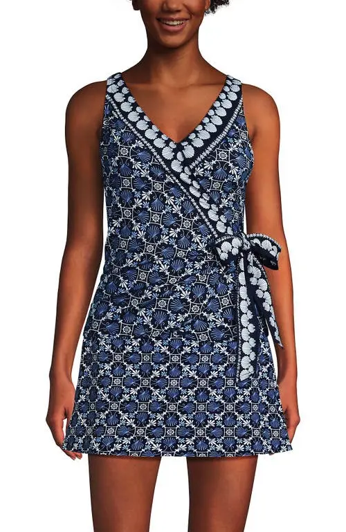 LANDS' END Chlorine Resistant V-neck Tankini Swimsuit Top - Seashell Geo/navy Border
