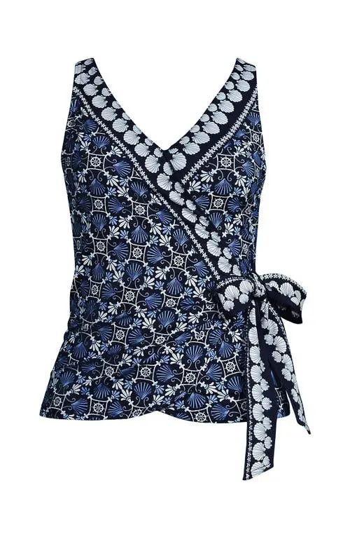 LANDS' END Chlorine Resistant V-neck Tankini Swimsuit Top - Seashell Geo/navy Border