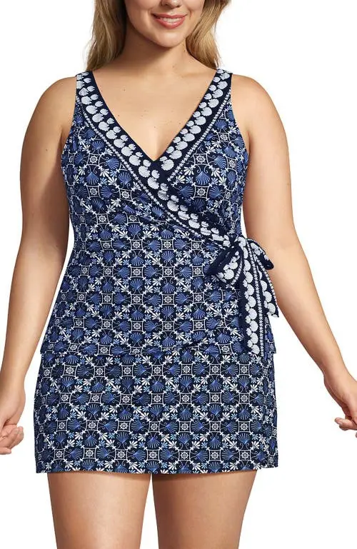 LANDS' END Side Tie Tankini Top - Seashell Geo/navy Border