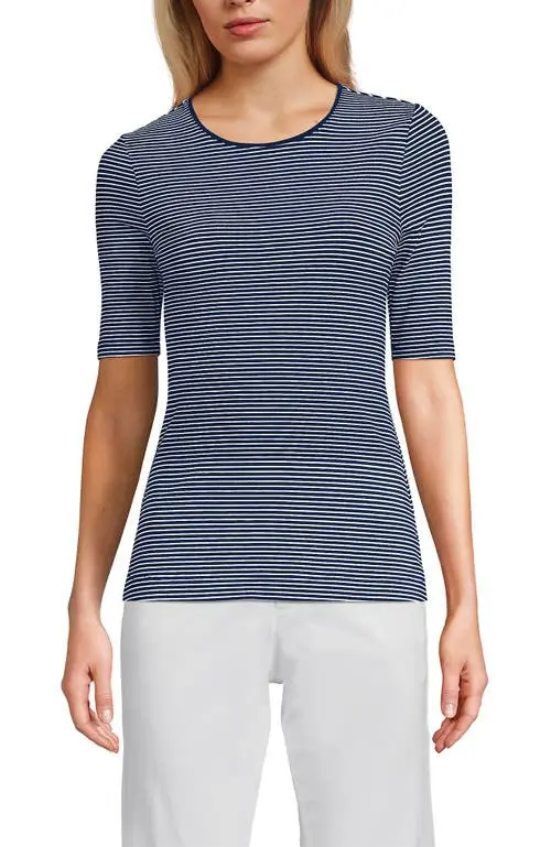 LANDS' END Lightweight Jersey Skimming Elbow Sleeve Crew Neck T-shirt - Deep Sea Navy Tiny Stripe