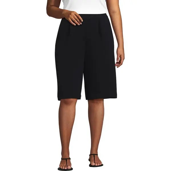 LANDS' END Sport Knit High Rise Pleated 12" Bermuda Shorts - Black