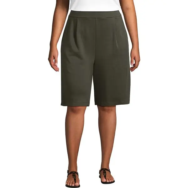 LANDS' END Knit High-rise Pleated Bermuda Shorts - Forest Moss