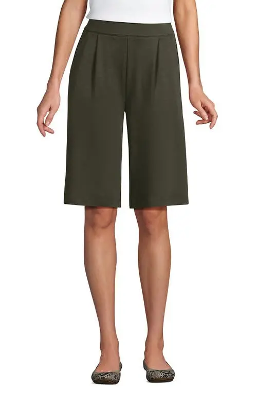 LANDS' END Sport Knit High Rise Pleated 12" Bermuda Shorts - Forest Moss
