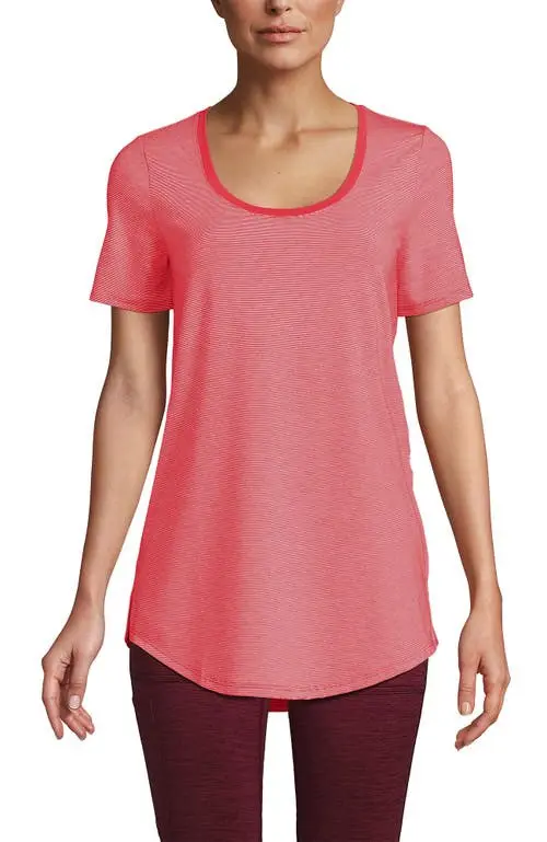 LANDS' END Short Sleeve Power Performance Scoop Neck Curved Hem Tunic Tee - Deep Coral Pinstripe