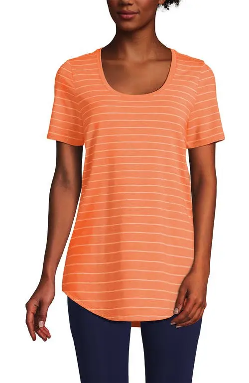 LANDS' END Short Sleeve Power Performance Scoop Neck Curved Hem Tunic Tee - Soft Orange/peach Stripes