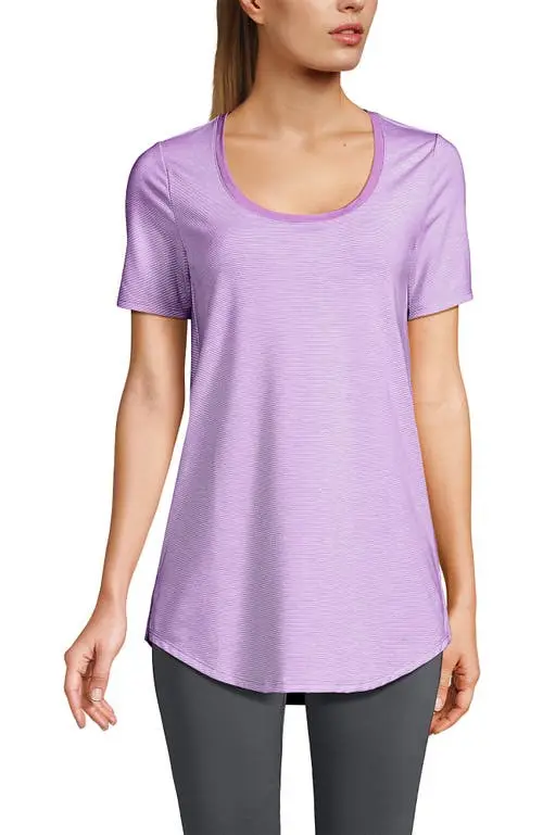LANDS' END Short Sleeve Power Performance Scoop Neck Curved Hem Tunic Tee - Wild Lilac Pinstripe
