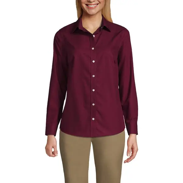 LANDS' END Long Sleeve No Iron Broadcloth Shirt - Burgundy