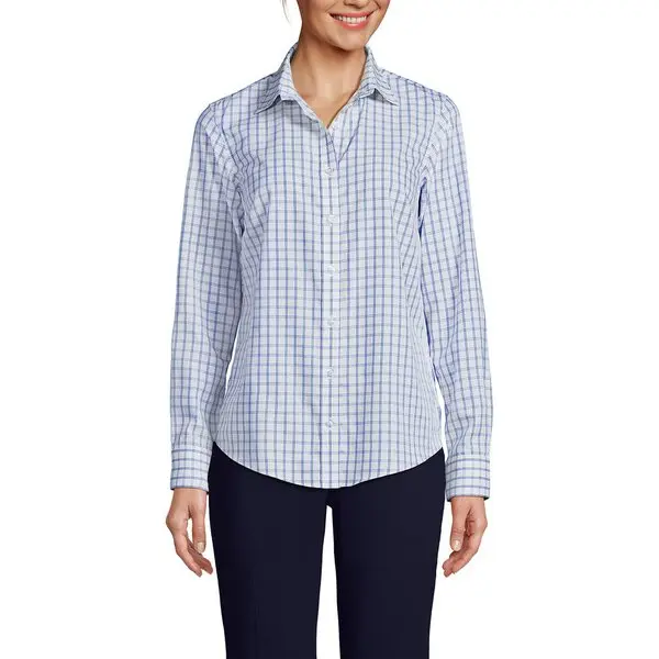 LANDS' END Long Sleeve No Iron Broadcloth Shirt - White Windowpane