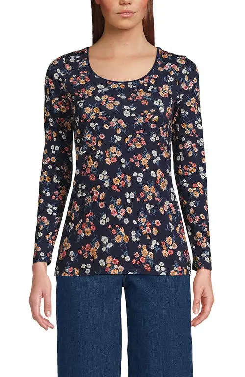 LANDS' END Long Sleeve Lightweight Jersey Scoop Neck T-shirt - Deep Sea Colorful Floral