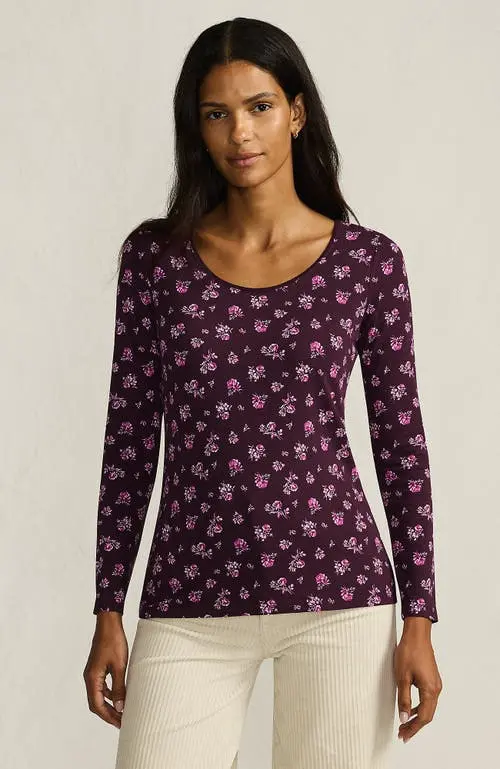 LANDS' END Long Sleeve Lightweight Jersey Scoop Neck T-shirt - Lush Burgundy Dainty Floral