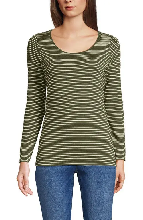 LANDS' END Long Sleeve Lightweight Jersey Scoop Neck T-shirt - Olive Drab Thin Stripe