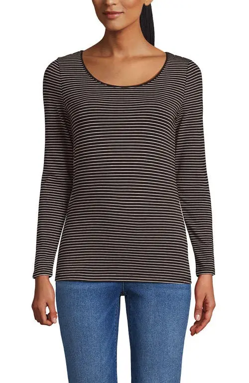 LANDS' END Long Sleeve Lightweight Jersey Scoop Neck T-shirt - Rich Coffee Thin Stripe