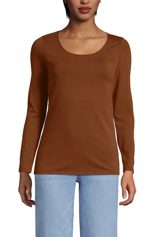 LANDS' END Long Sleeve Lightweight Jersey Scoop Neck T-shirt - Rich Ginger Brown