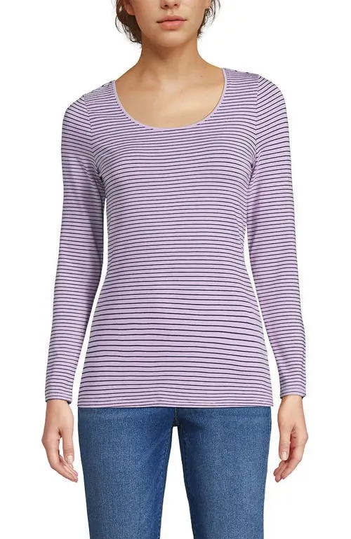 LANDS' END Long Sleeve Lightweight Jersey Scoop Neck T-shirt - Whisper Lilac/navy Thin Stripe