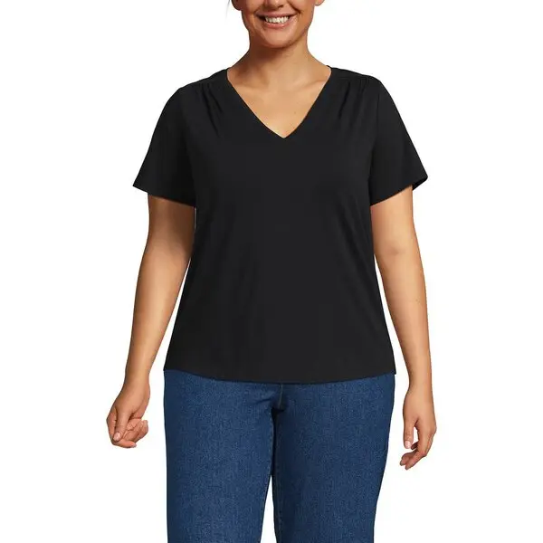 LANDS' END Short Sleeve Lightweight Jersey Gathered Shoulder T-shirt - Black