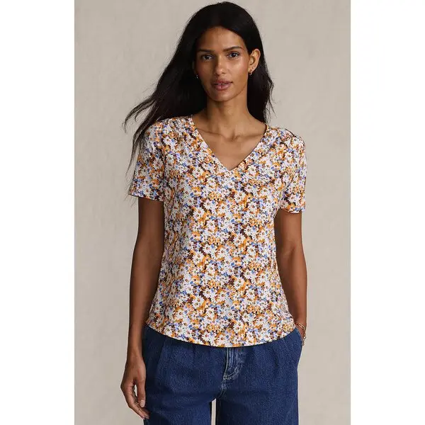 LANDS' END Short Sleeve Lightweight Jersey Gathered Shoulder T-shirt - Dijon Gold Daisy Mini Floral