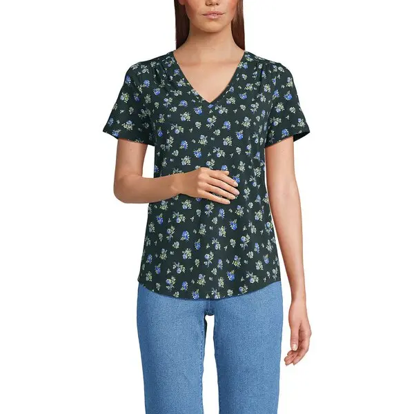 LANDS' END Short Sleeve Lightweight Jersey Gathered Shoulder T-shirt - Evening Forest Dainty Floral