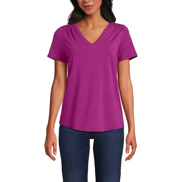 LANDS' END Short Sleeve Lightweight Jersey Gathered Shoulder T-shirt - Light Raspberry Sorbet