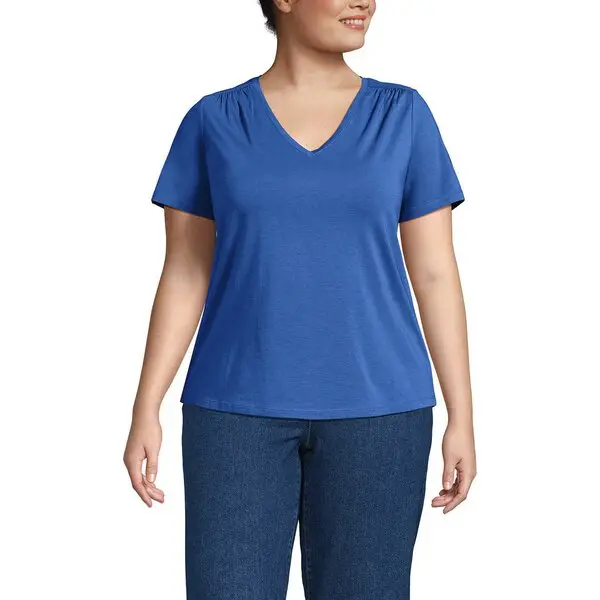 LANDS' END Short Sleeve Lightweight Jersey Gathered Shoulder T-shirt - Muted Cobalt Blue