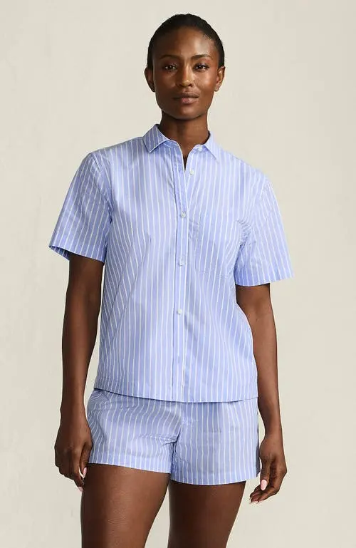LANDS' END Poplin 2 Piece Pajama Setshort Sleeve Shirt And Shorts - Crisp Blue Stripe
