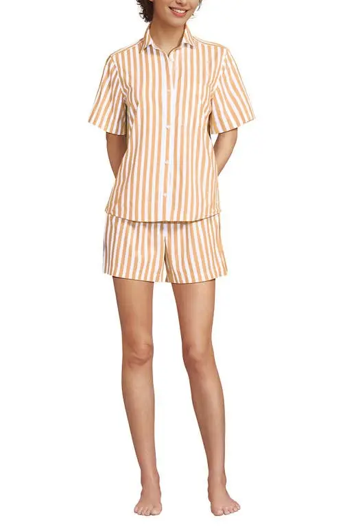 LANDS' END Poplin 2 Piece Pajama Setshort Sleeve Shirt And Shorts - Sweet Mango Stripe