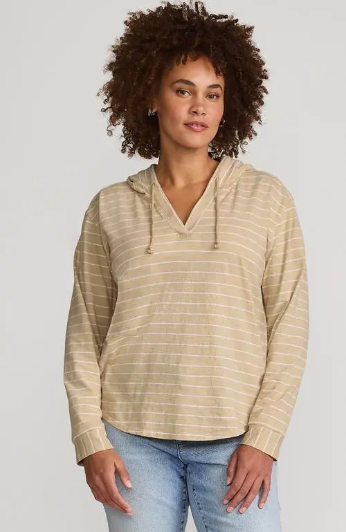LANDS' END Long Sleeve Slub Hooded Popover - Champagne/white Stripes