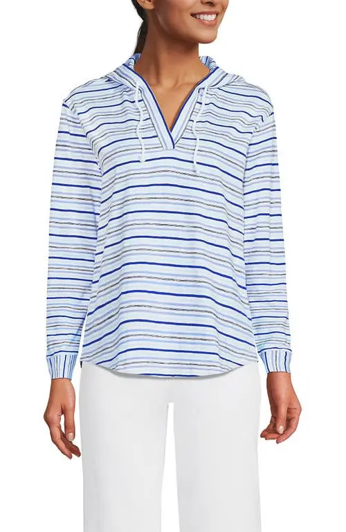 LANDS' END Long Sleeve Slub Hooded Popover - Light Periwinkle Multi Stripe