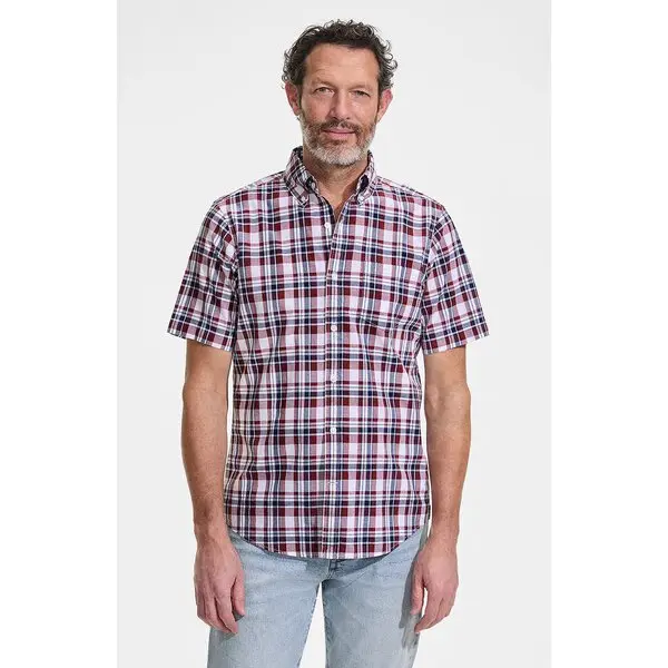 LANDS' END Traditional Fit Short Sleeve Madras Shirt - Burgundy Spritz Madras