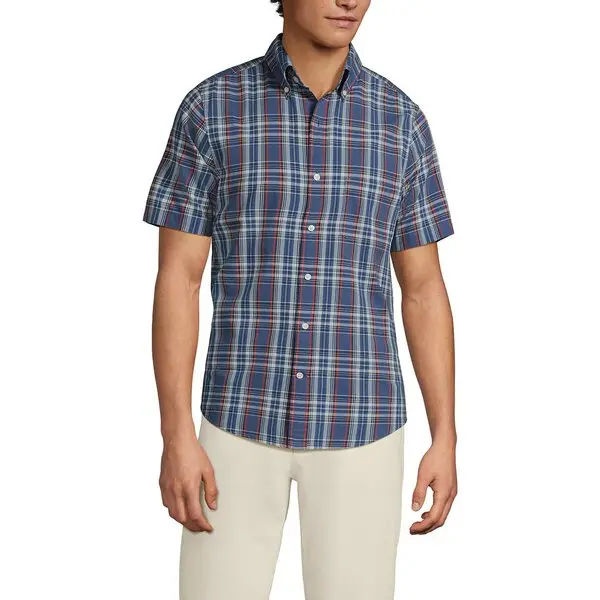 LANDS' END Traditional Fit Short Sleeve Madras Shirt - Light Indigo Blue Madras