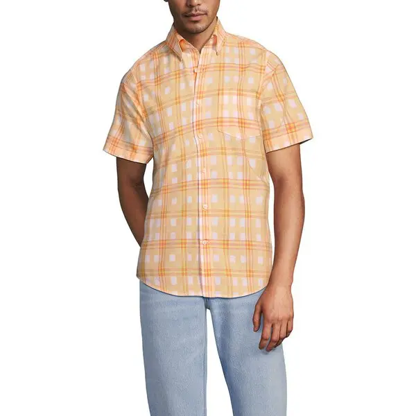 LANDS' END Traditional Fit Short Sleeve Madras Shirt - Subtle Apricot/yellow Plaid