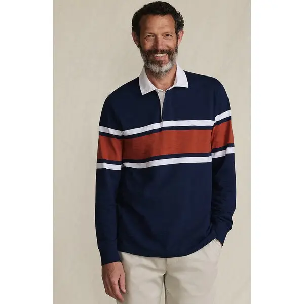 LANDS' END Long Sleeve Textured Rugby Polo - Deep Sea Navy/bourbon  Stripe