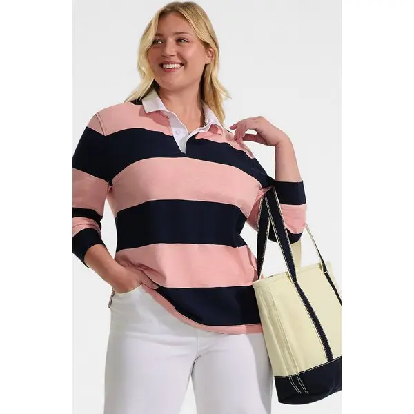 LANDS' END Long Sleeve Textured Rugby Polo - Navy/sunset Coral Pink Stripe
