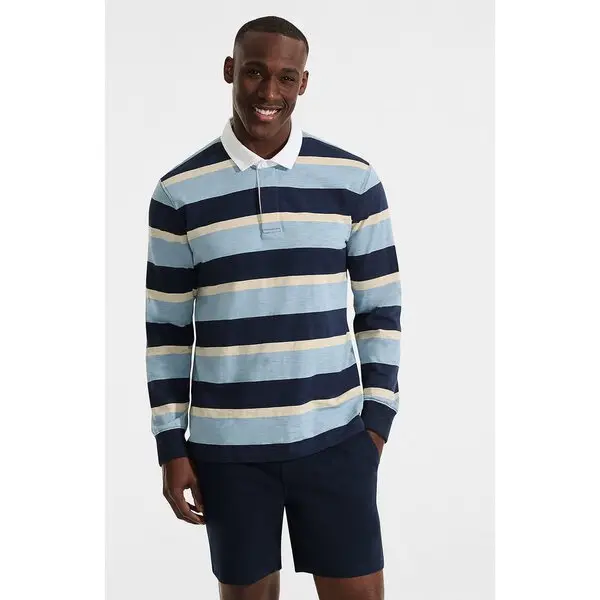 LANDS' END Long Sleeve Textured Rugby Polo - Radiant Navy/marble Stripe