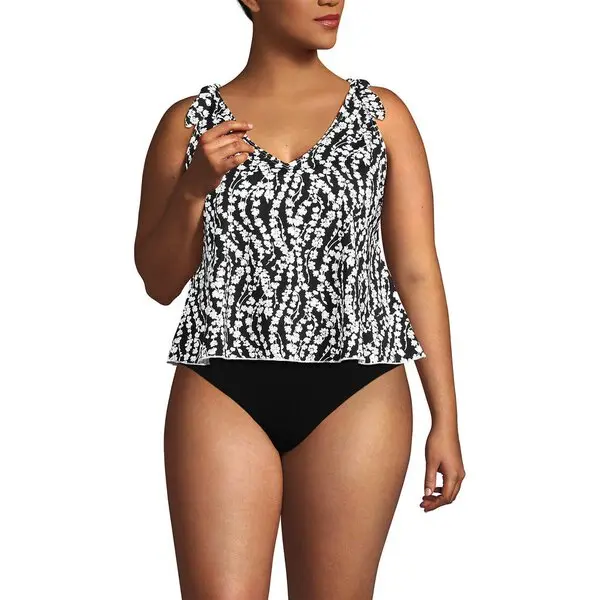 LANDS' END Dd-cup Tie Shoulder Tankini Top - Black/white Vine Floral