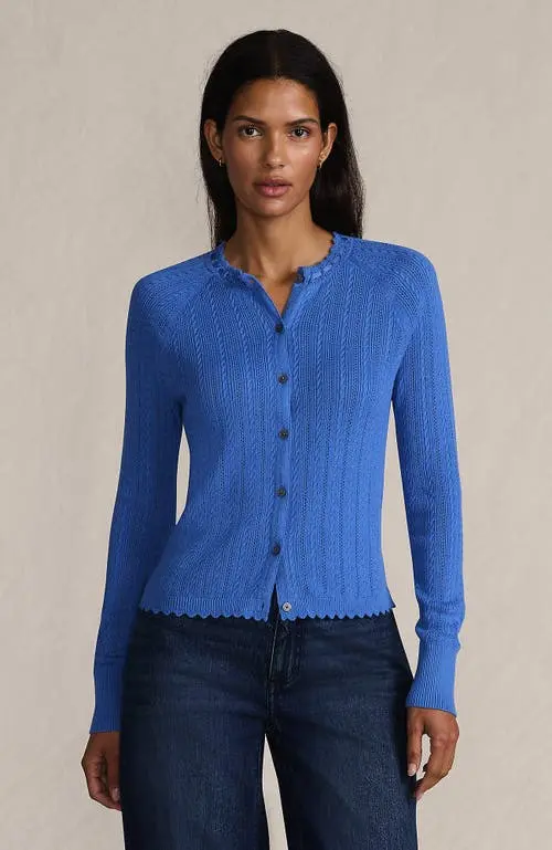 LANDS' END Cotton Pointelle Satin Trim Cardigan Sweater - Muted Cobalt Blue