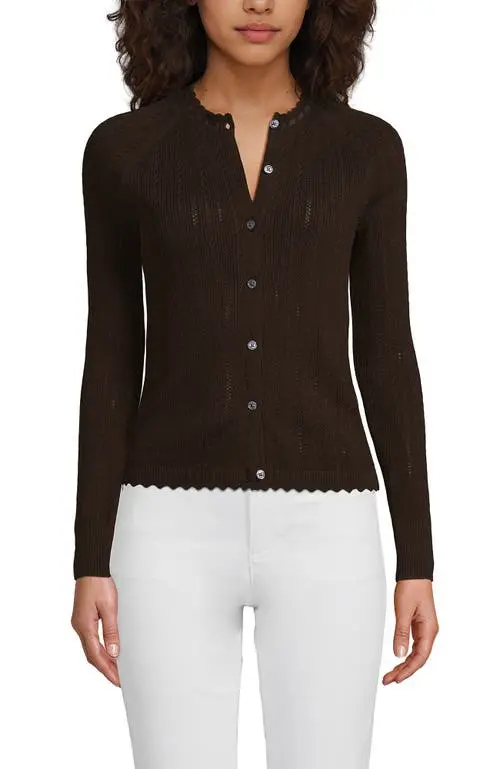 LANDS' END Cotton Pointelle Satin Trim Cardigan Sweater - Rich Coffee