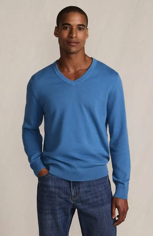 LANDS' END Fine Gauge Cotton V Neck Sweater - Blue Hyacinth